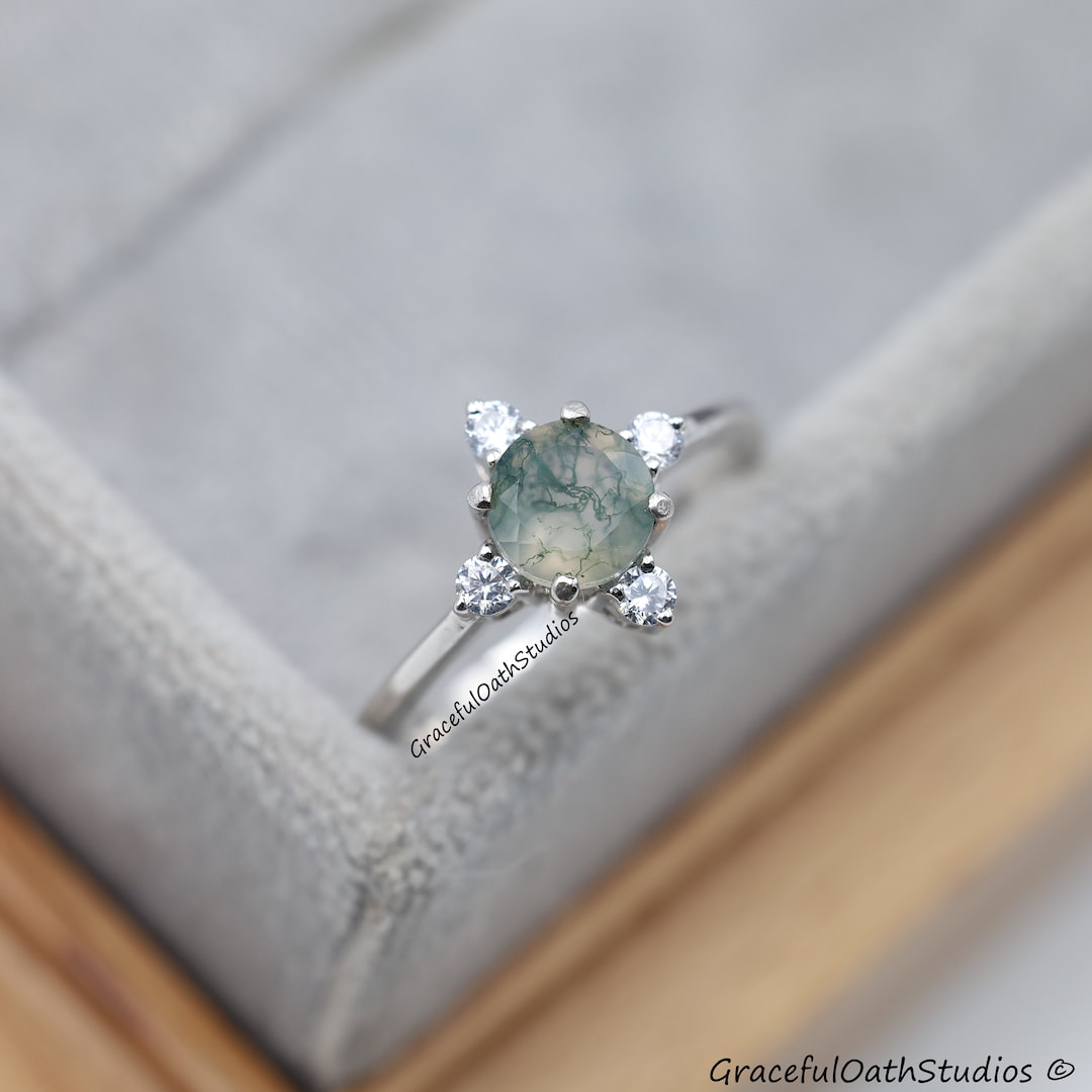 Natural Moss Agate Round Cut Engagement Ring, Cluster Tree Agate Ring ...