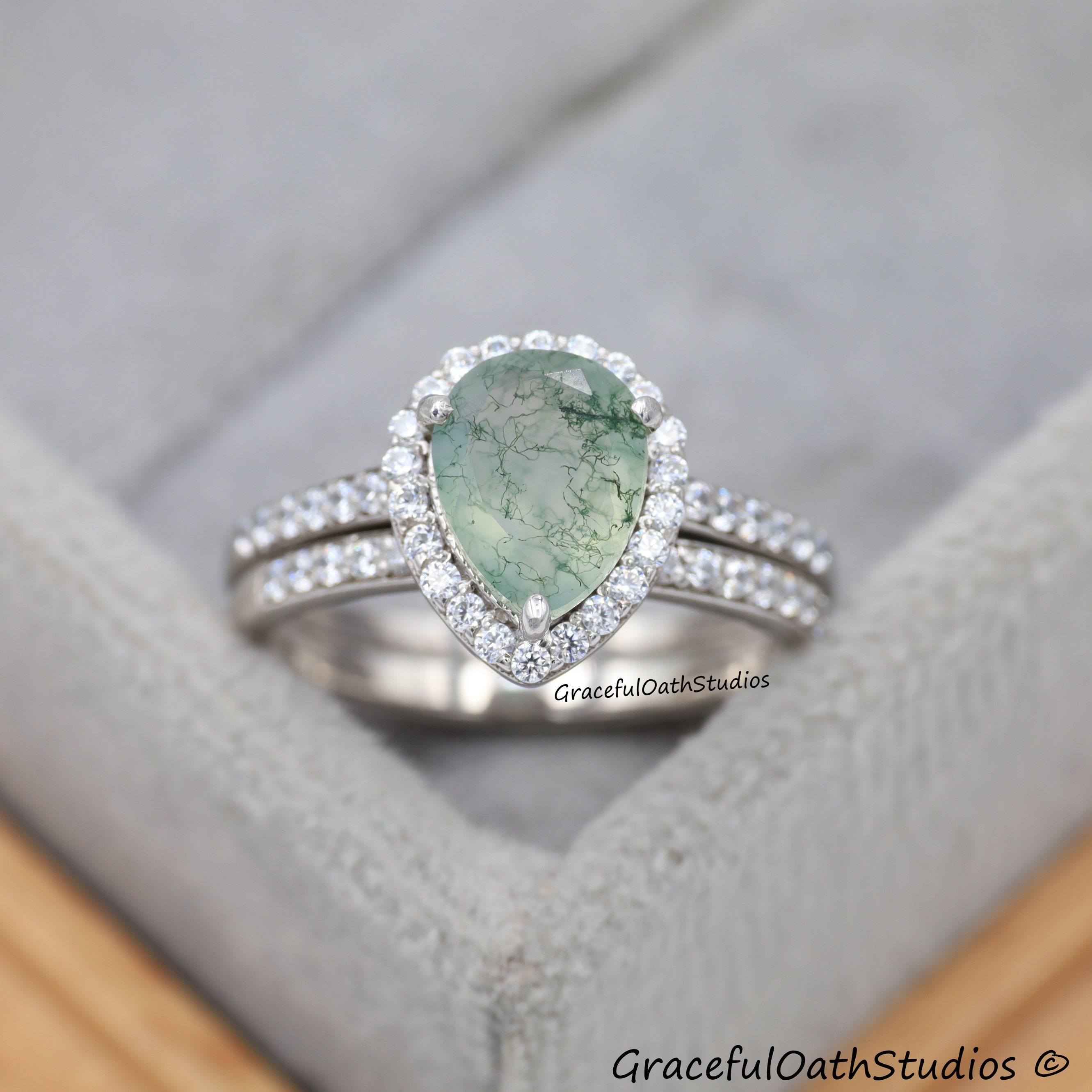 Moss Agate Halo Set Engagement Ring Set, Tear Drop Cut Tree Agate Ring ...