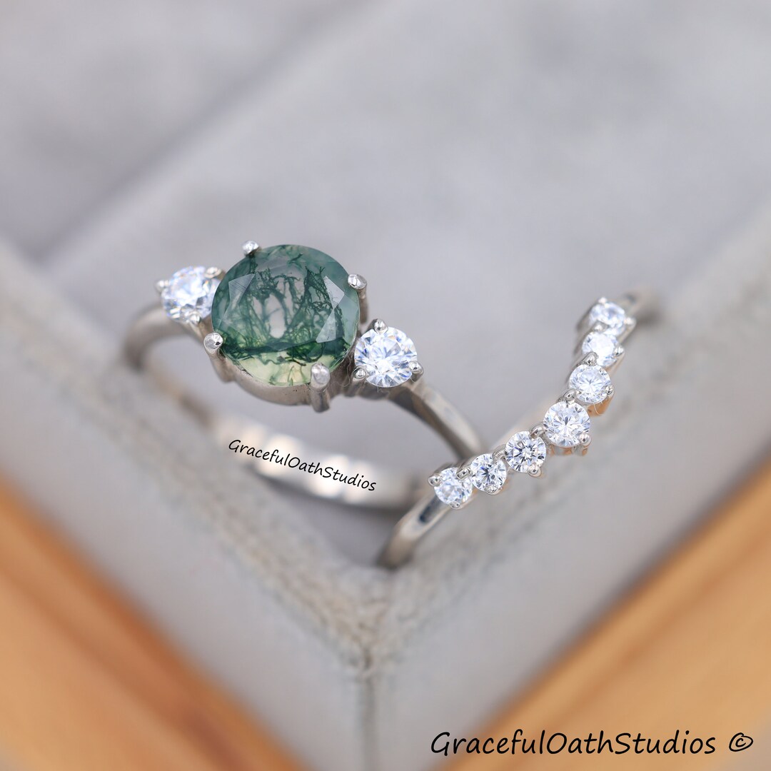 Round Cut Moss Agate Engagement Ring Set, Cluster Tree Agate Ring Set ...