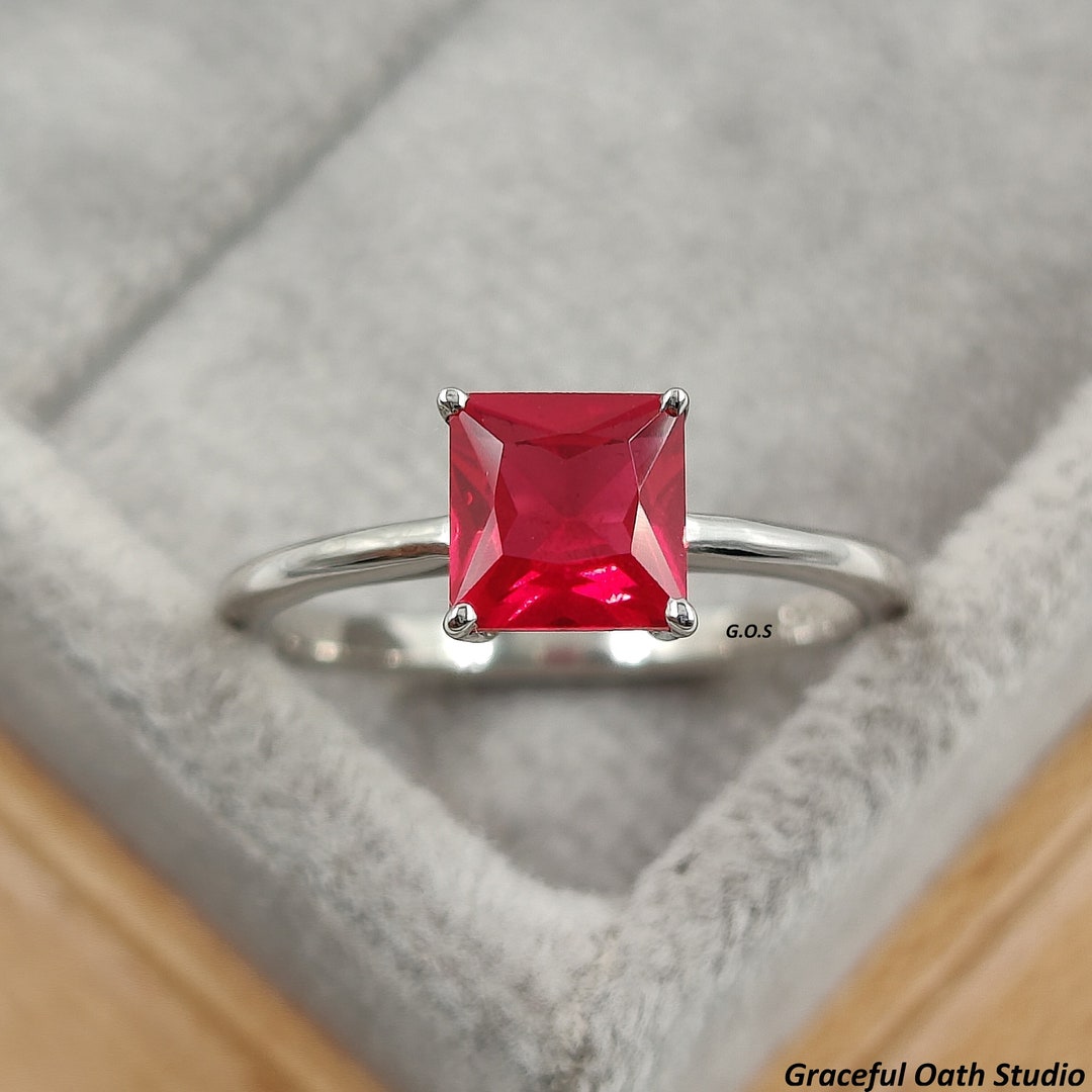 Princess Cut Red Ruby Solitaire Ring Minimalist Ruby Engagement Ring ...