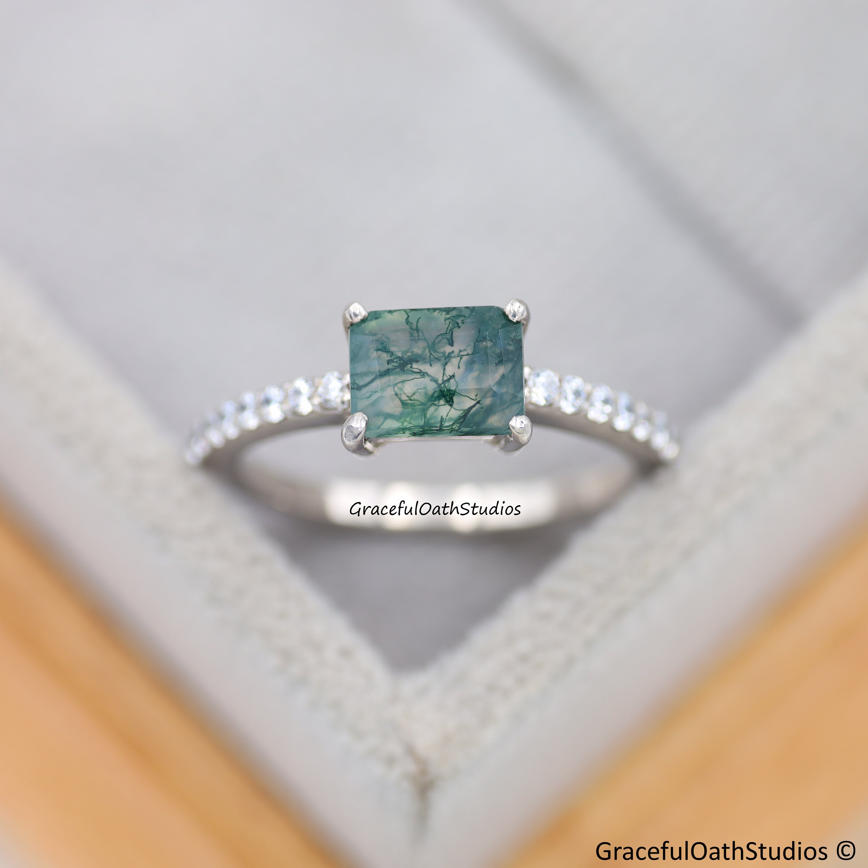 Moss Agate Emerald Cut Minimalist Ring, Nature Inspired Tree Agate ...