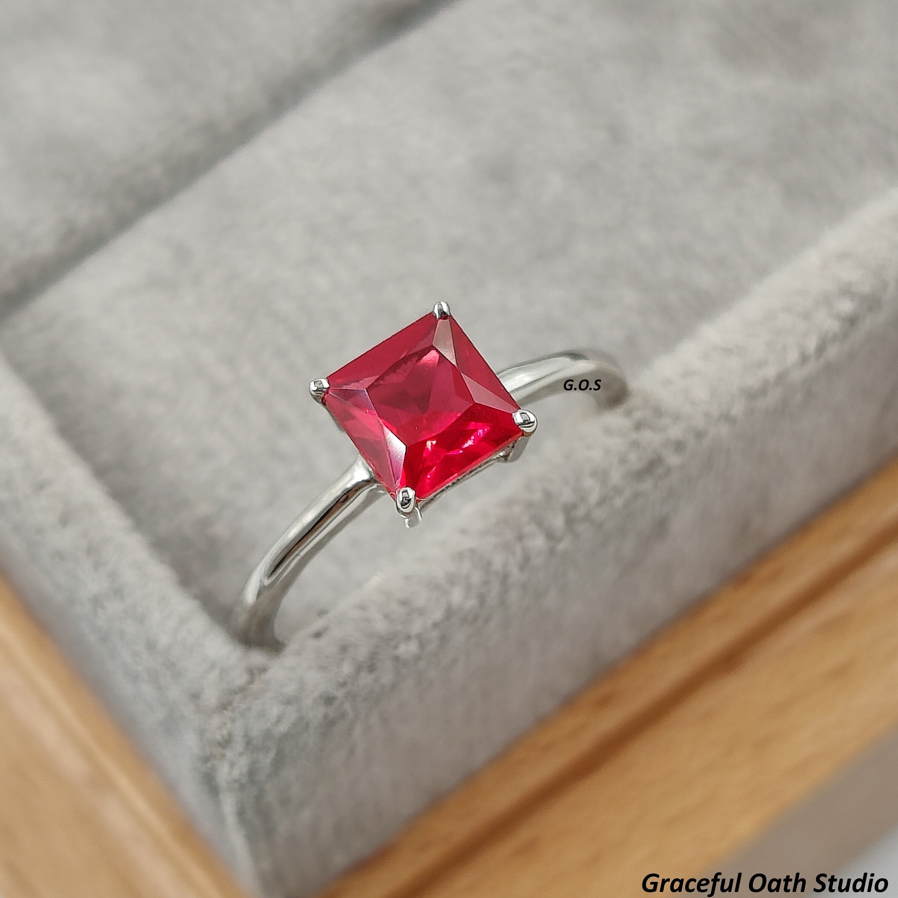 Princess Cut Red Ruby Solitaire Ring Minimalist Ruby Engagement Ring ...