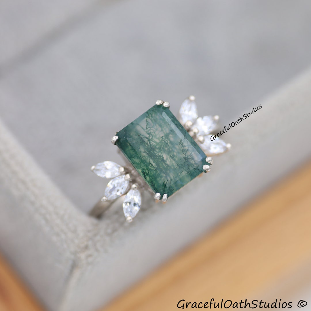 Cluster Marquise Diamond Moss Agate Engagement Ring, 14k Gold Unique ...
