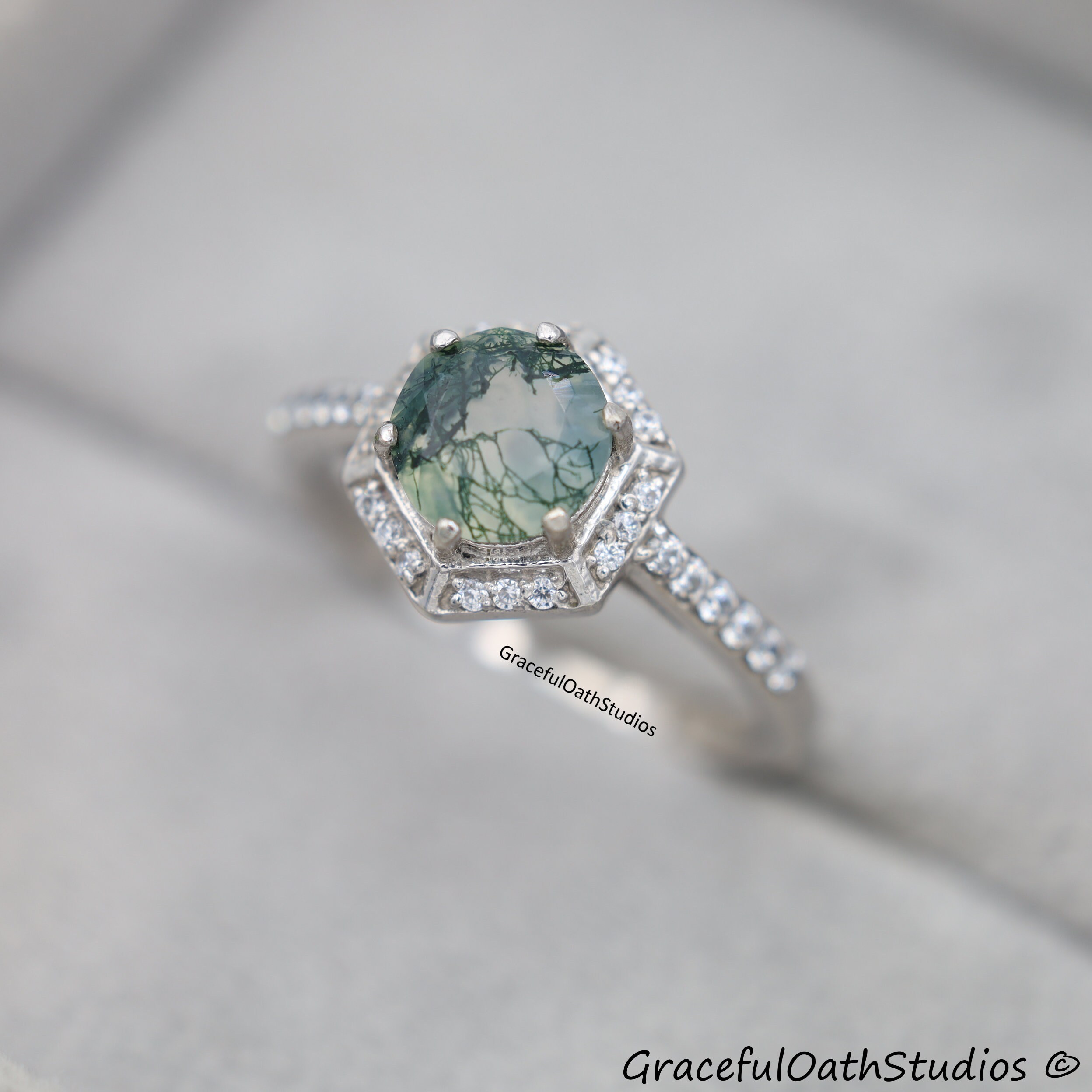 Hexagon Moss Agate Engagement Ring, Unique Round Cut Hexagon Shape Ring ...