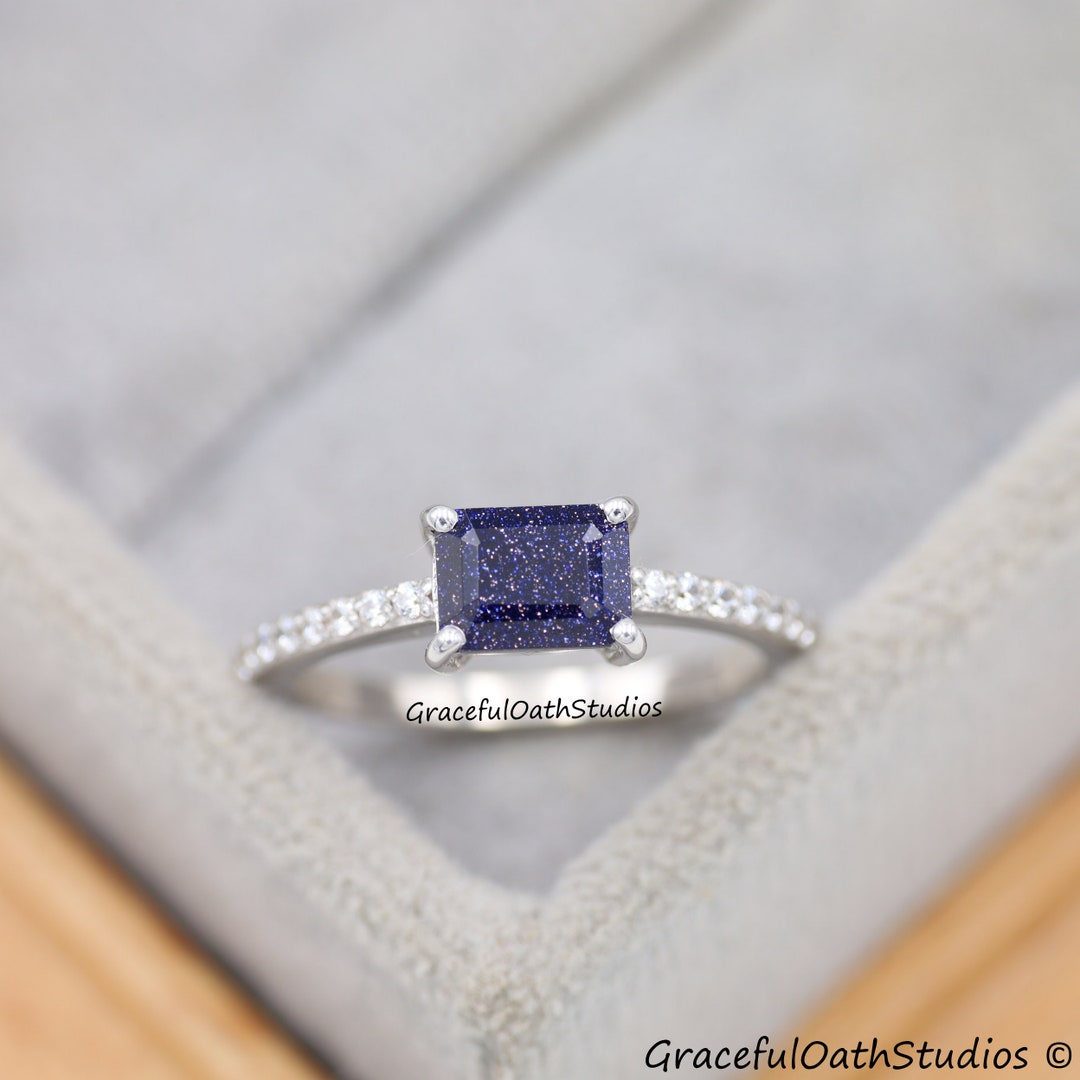 Minimalist Blue Sandstone Emerald Cut Ring for Her, Dainty Goldstone ...
