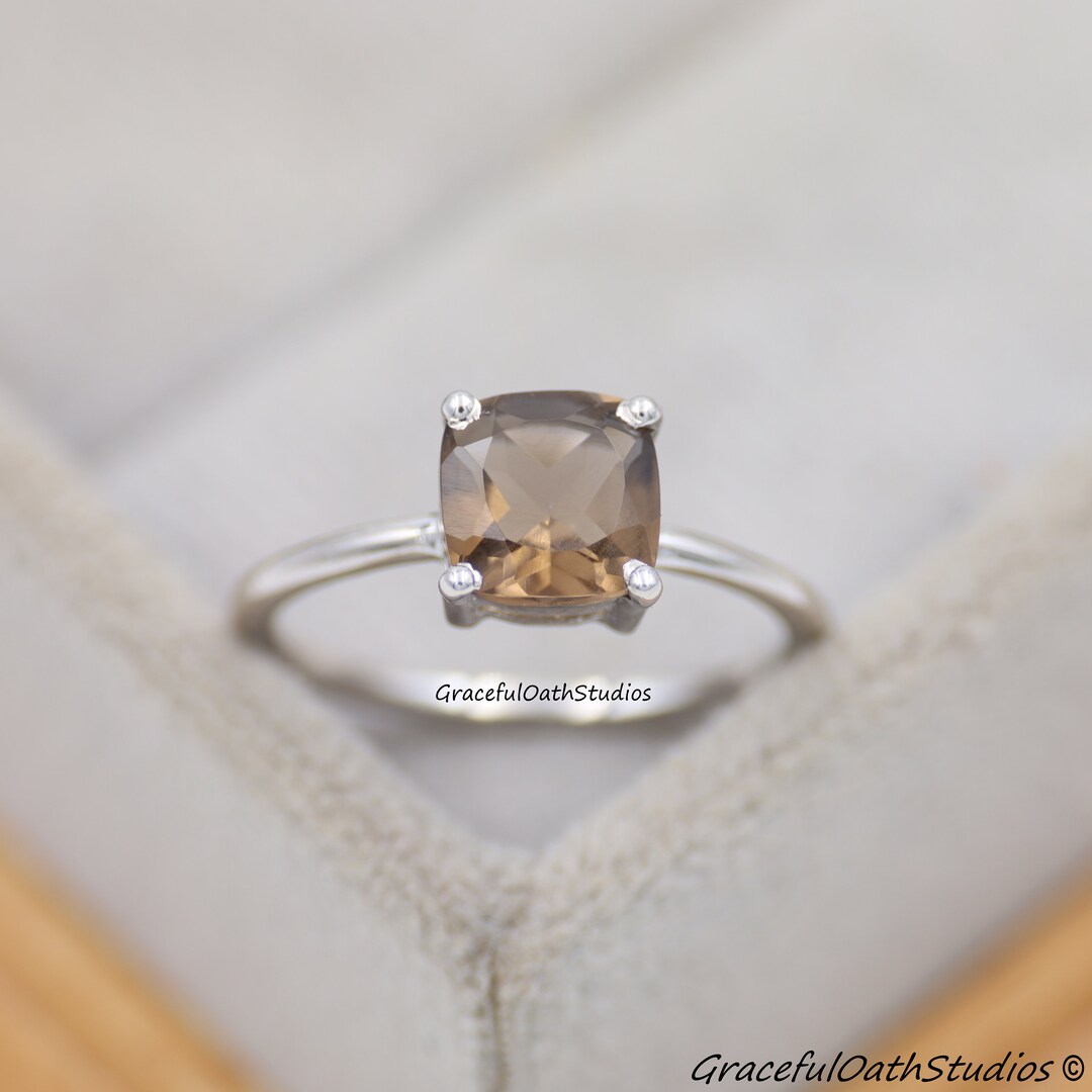 Smoky Quartz Cushion Cut Solitaire Ring, Unique Brown Quartz Wedding ...