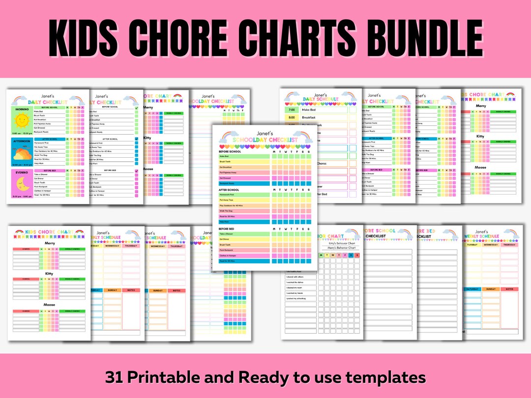 Printable Kids Chore Chart Bundle, Kids Chore Template, Kids Chore ...