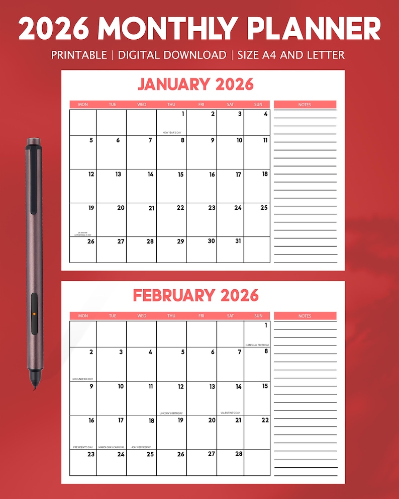 2026 Monthly Planner Printable PDF, 2026 Monthly Planner Landscape,a4 ...