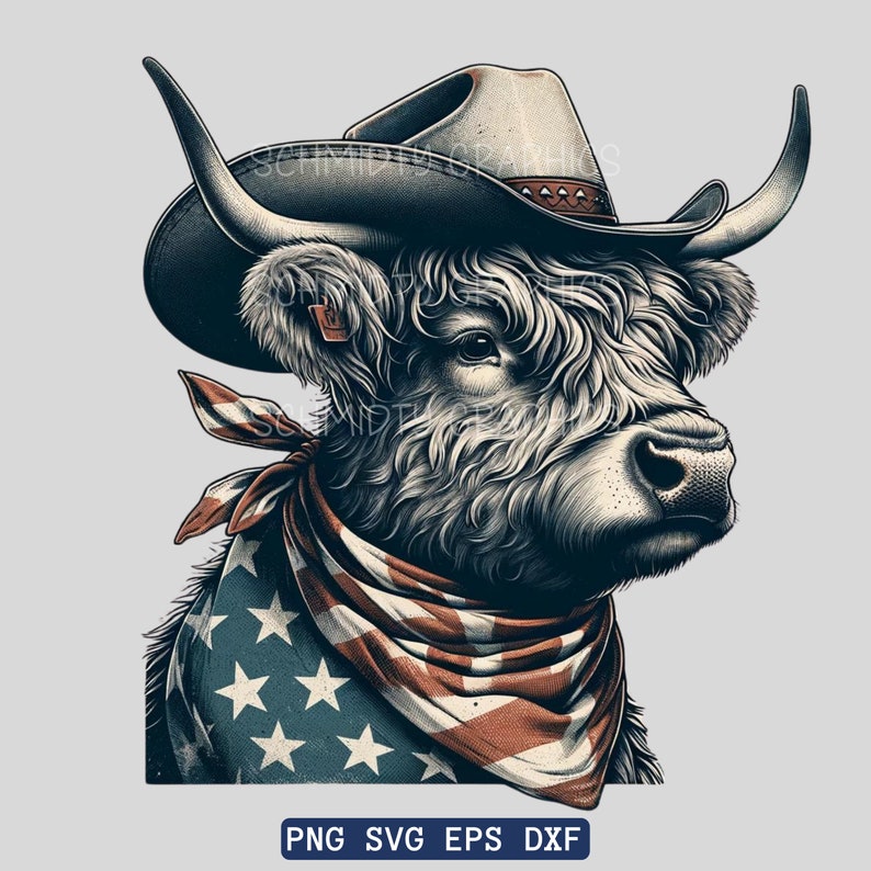 Retro Highland Cow Sublimation Design July 4th Cowboy Png Independence ...