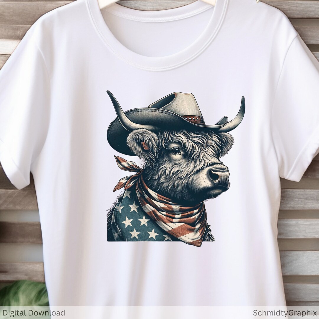 Retro Highland Cow Sublimation Design July 4th Cowboy Png Independence ...