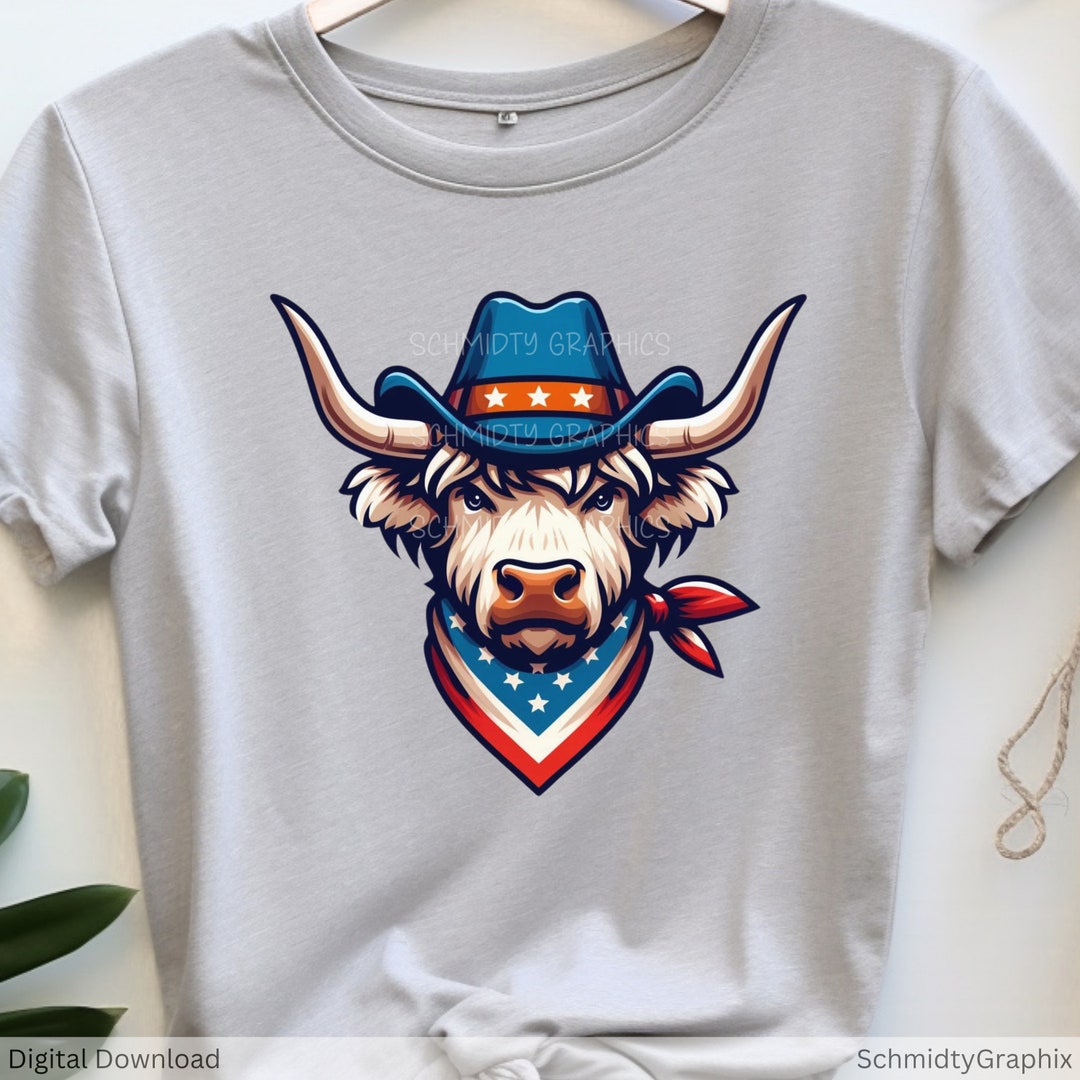 Retro Animated Highland Cow Sublimation Design | July 4th Cowboy Png ...