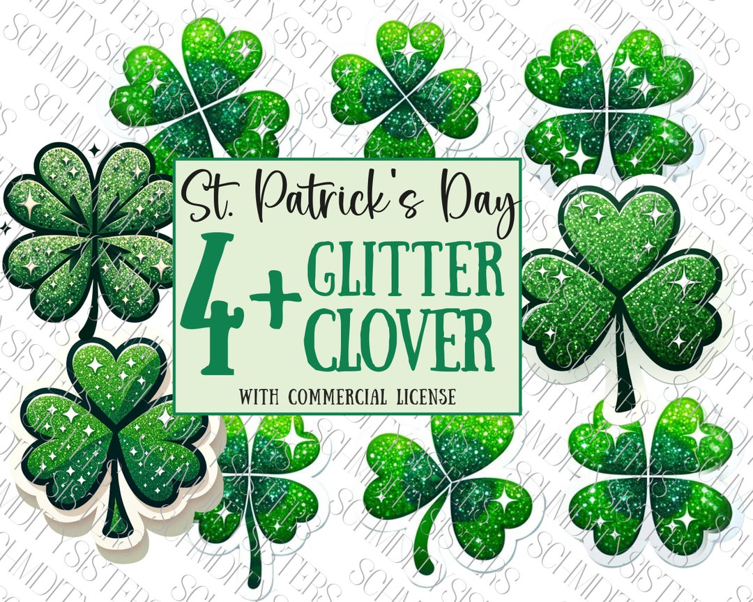 St Patricks Day PNG | Glitter Clover Design Bundle | 4 Leaf Clover ...