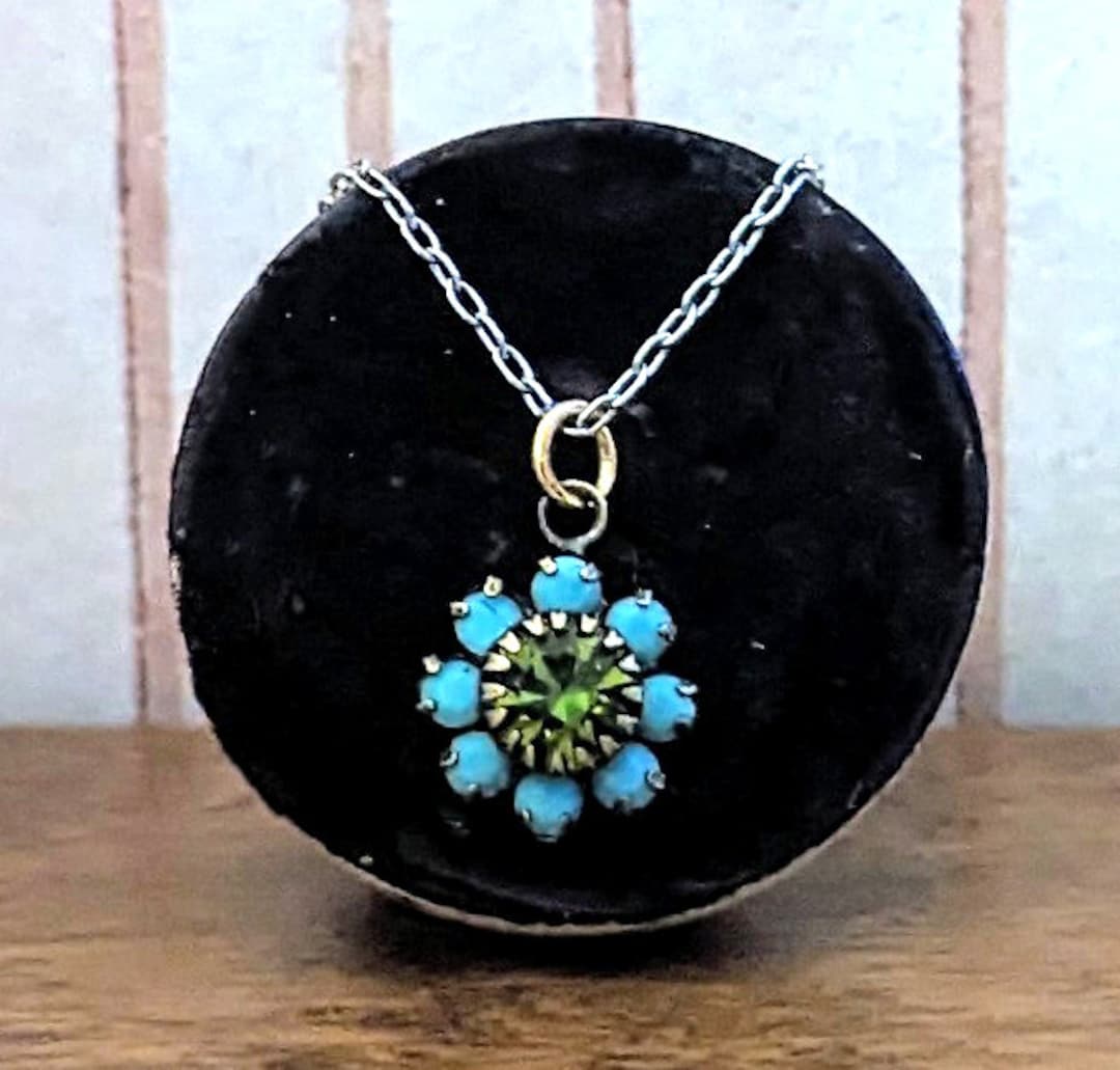 Dollhouse Necklace - Blue & Green Rhinestone Flower | Swarovski ...