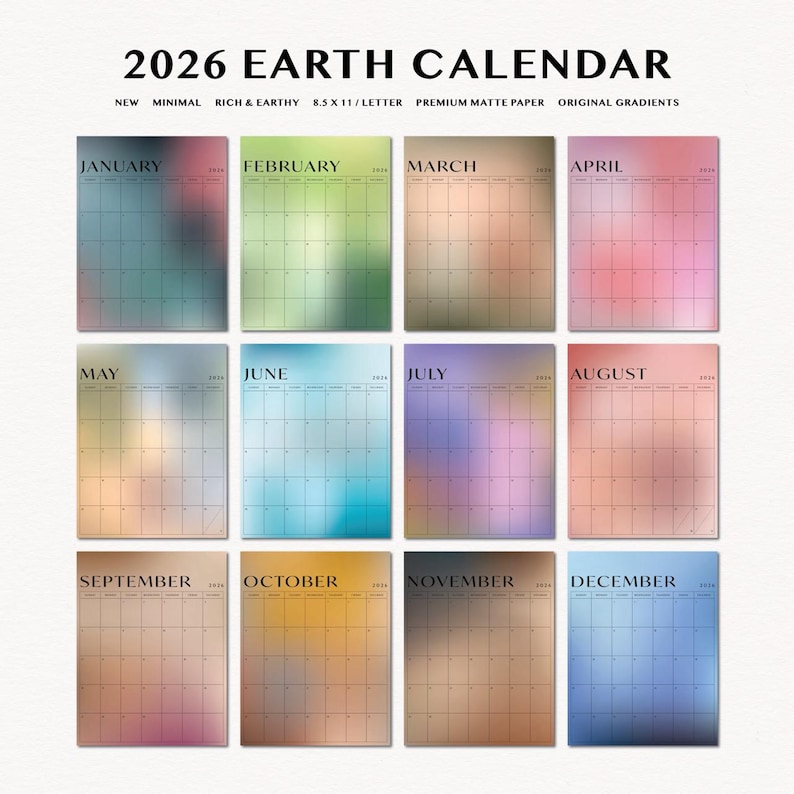 2026 Earth Wall Calendar: 8.5x11 Letter, Gradient Minimalist Planner ...