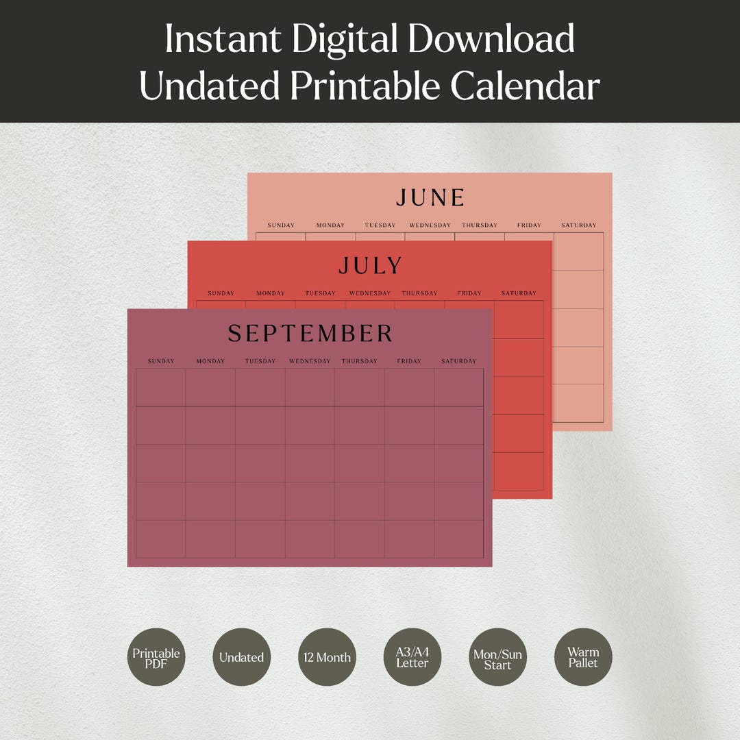 Undated Monthly Calendar: Minimalist Warm Tones Printable PDF - Etsy