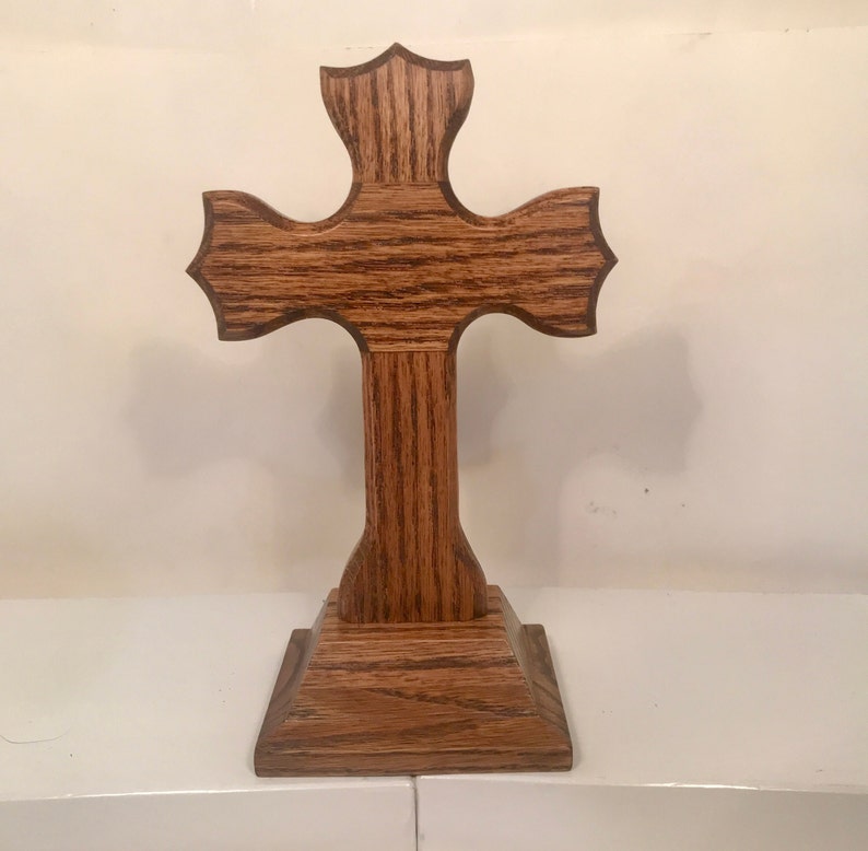 8 " Tall Oak Wood Standing Crown Cross Deluxe Base Early American ...