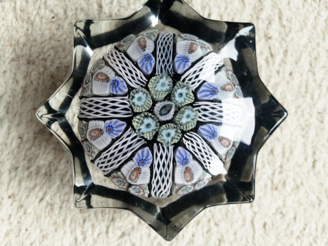 Strathearn Glass Pressed Star Glass Paperweight With Millefiori Facet ...