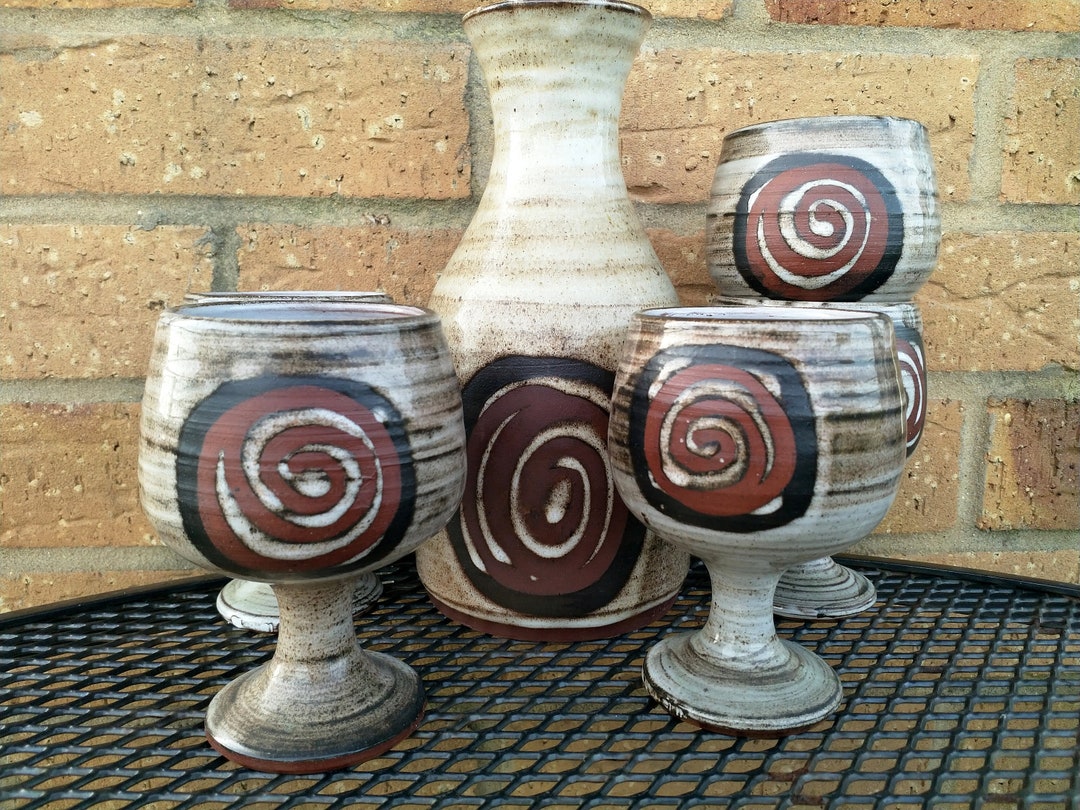 Briglin Pottery Swirl Goblet 4 and Decanter Set - Etsy