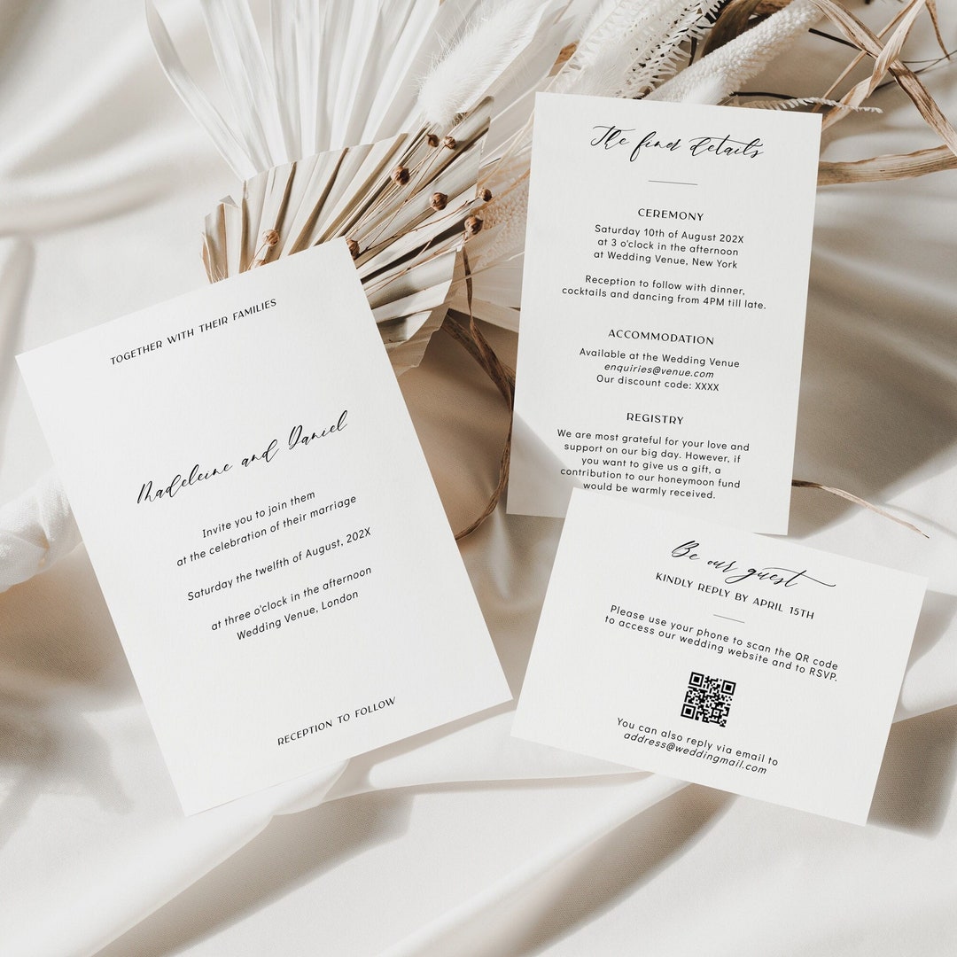 Printable Minimalist Wedding Invitation Template Suite With QR Code ...