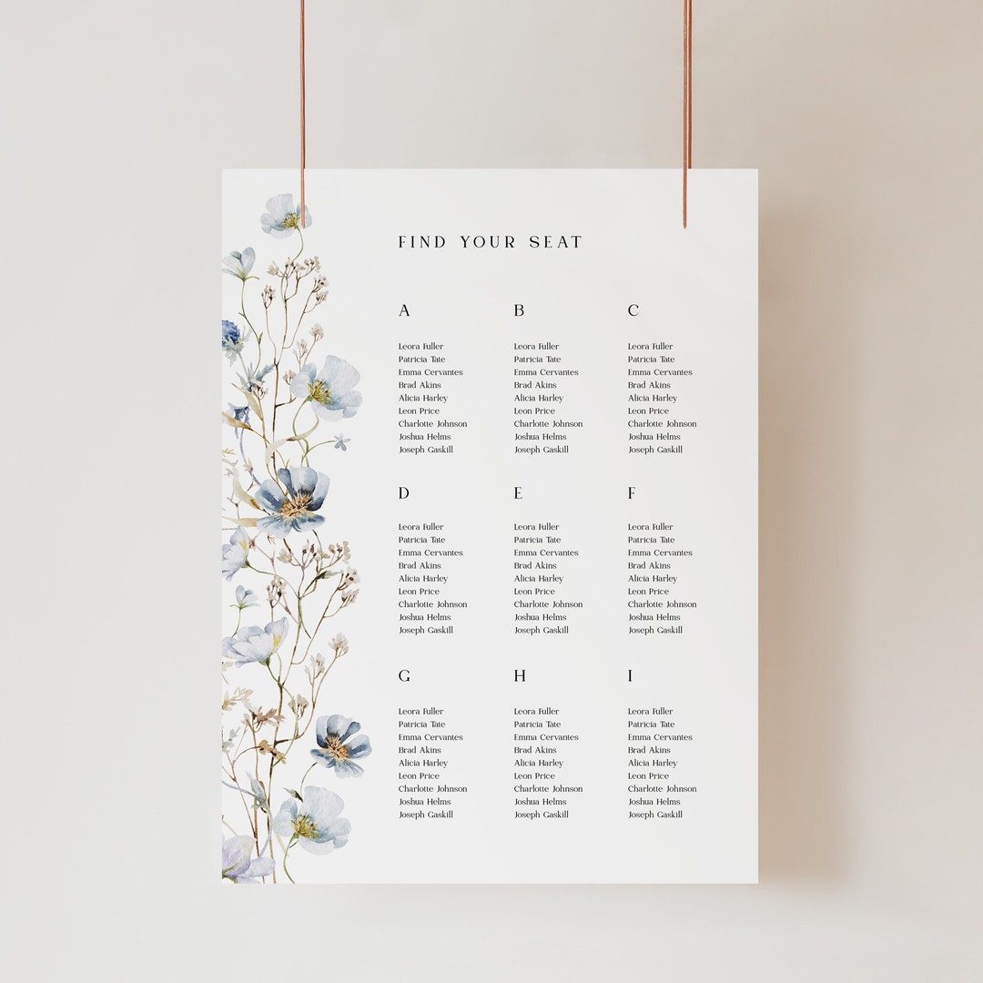 Printable Wedding Seating Chart Template With Blue Wildflowers, Modern ...