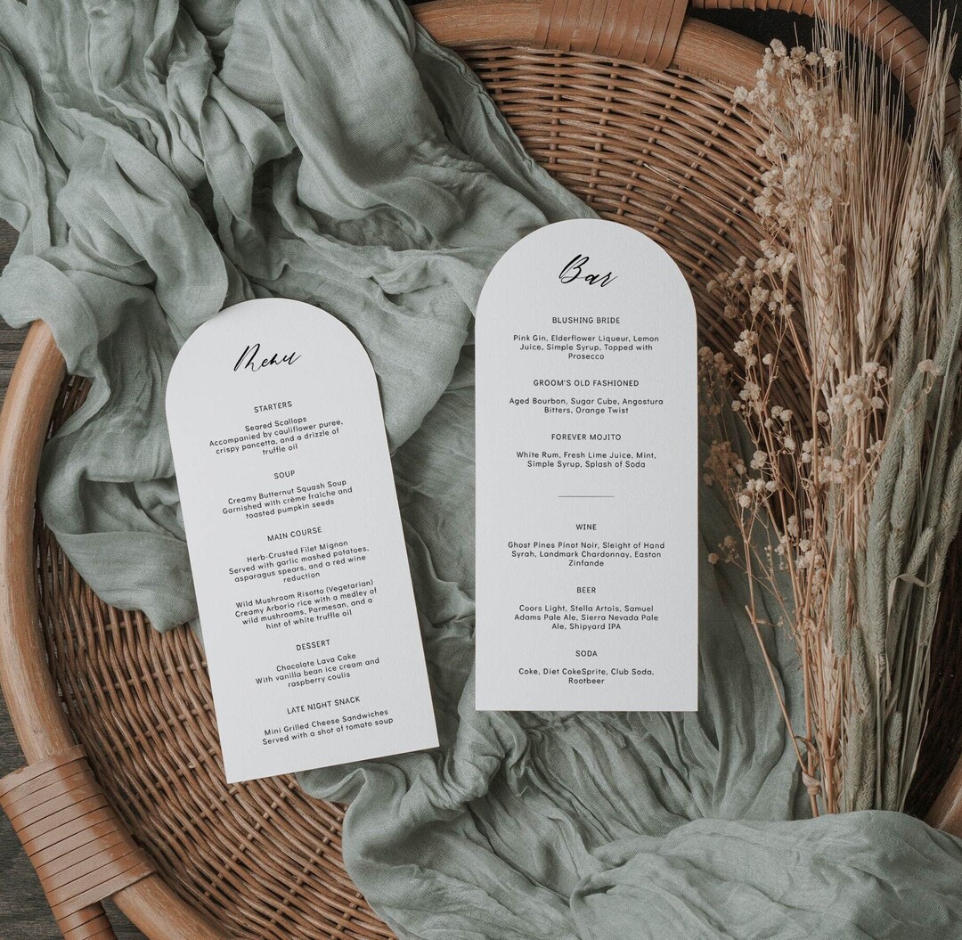 Printable Arch Wedding Menu and Bar Menu Template, Boho Curved Dinner ...