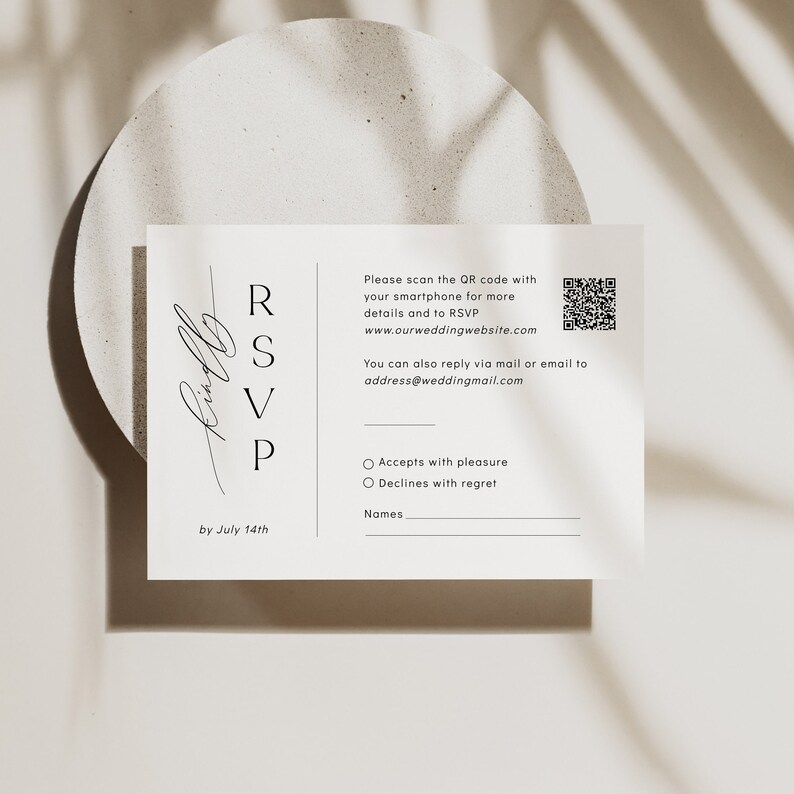 Modern RSVP Card Template With QR Code and Script Font, Minimalist ...