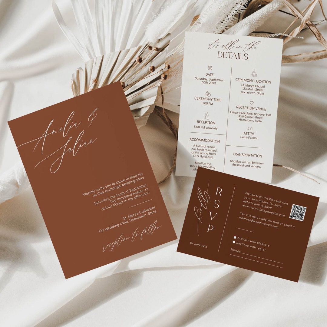 Terracotta Wedding Invitation Suite Template With Wedding Icons, Modern ...