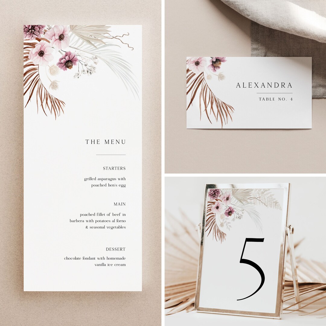 Boho Dinner Menu & Place Card Template Set With Dried Flowers and ...