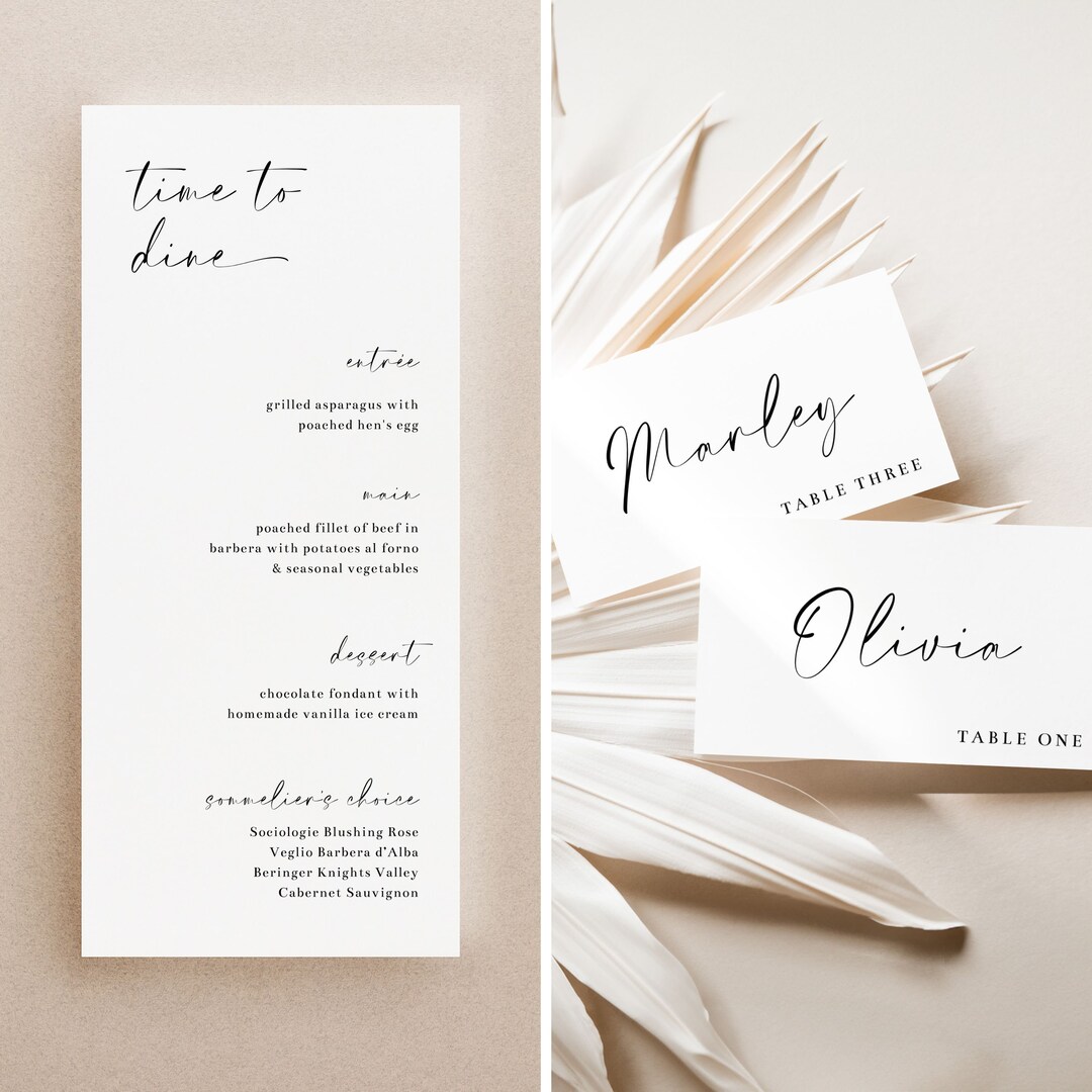 Wedding Menu & Place Card Template Set With Script Font, Editable and ...