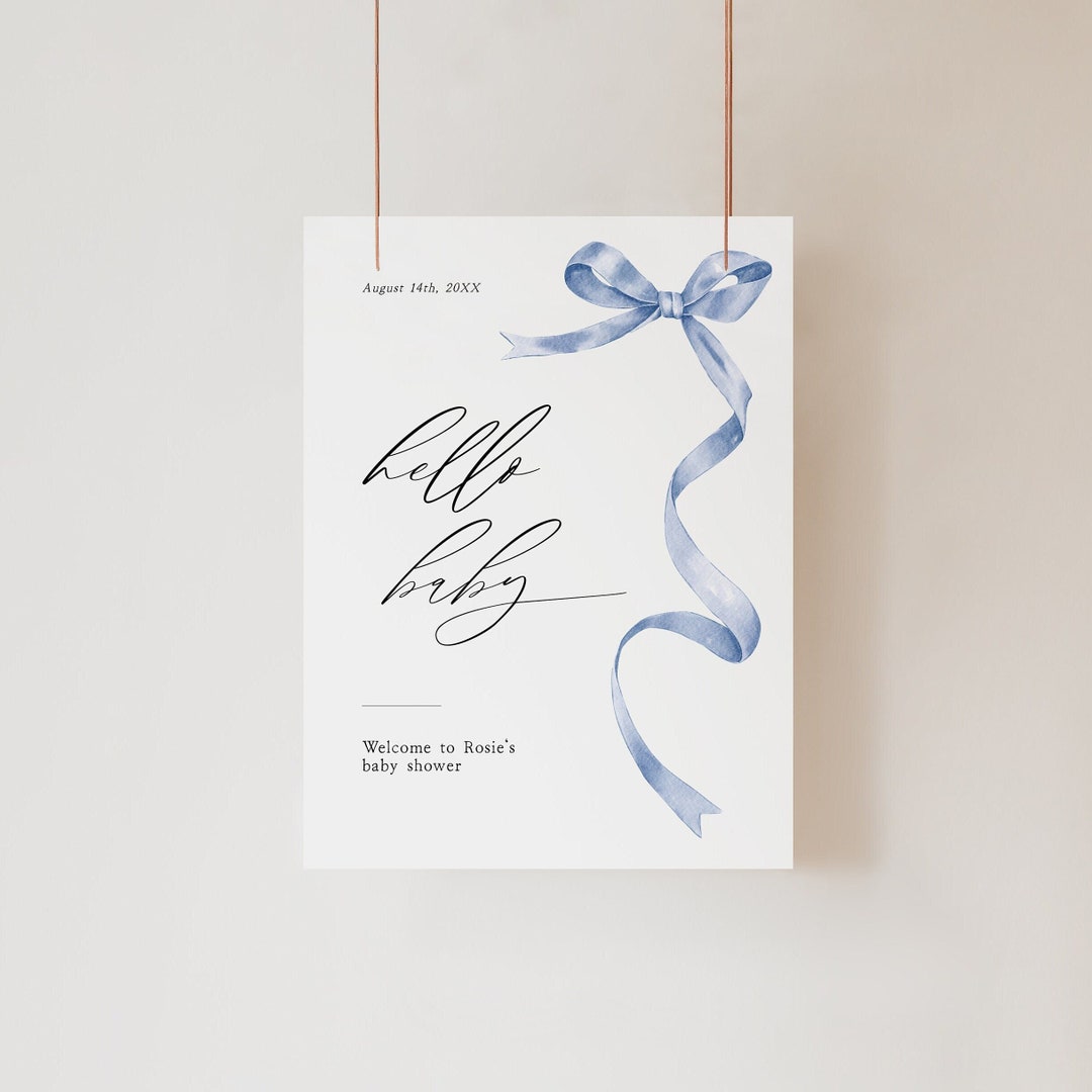 Modern Baby Shower Welcome Sign Template With Dusty Blue Bow ...