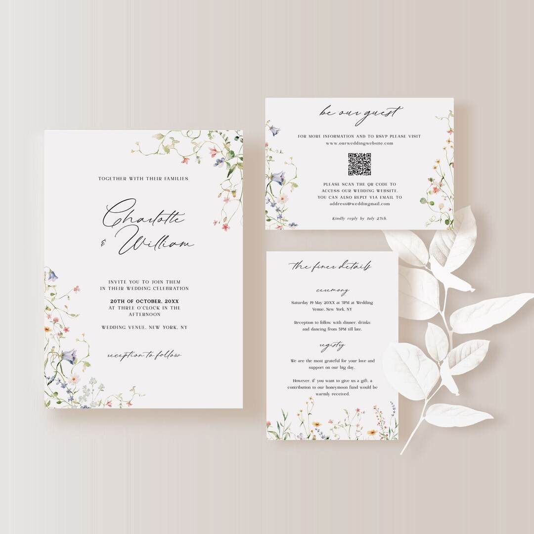 Wild Flower Wedding Invitation Suite Template Invite Set With - Etsy