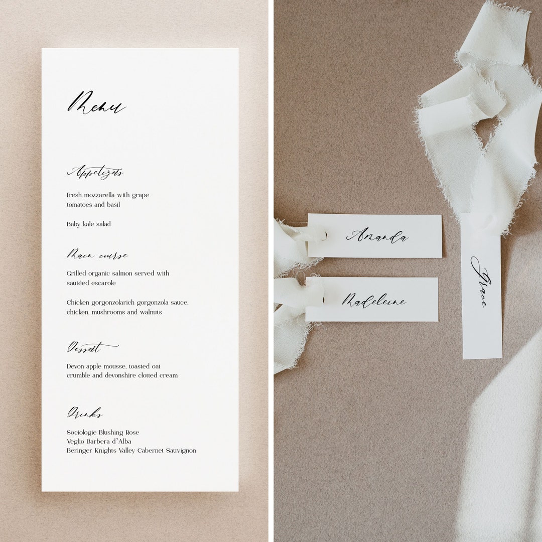 Printable Wedding Menu & Narrow Place Card Template Set With ...