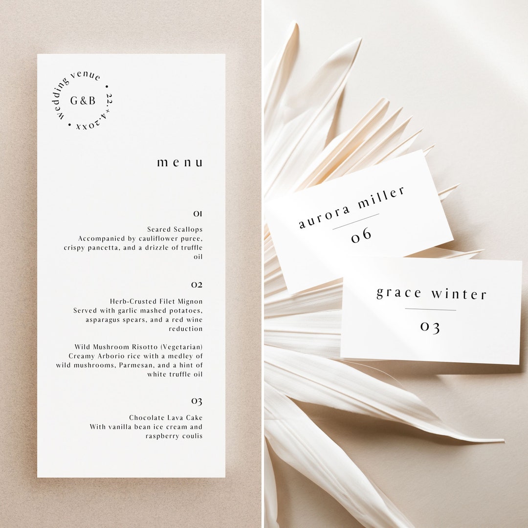 Minimalist Wedding Menu & Place Card Template Set, Editable and ...
