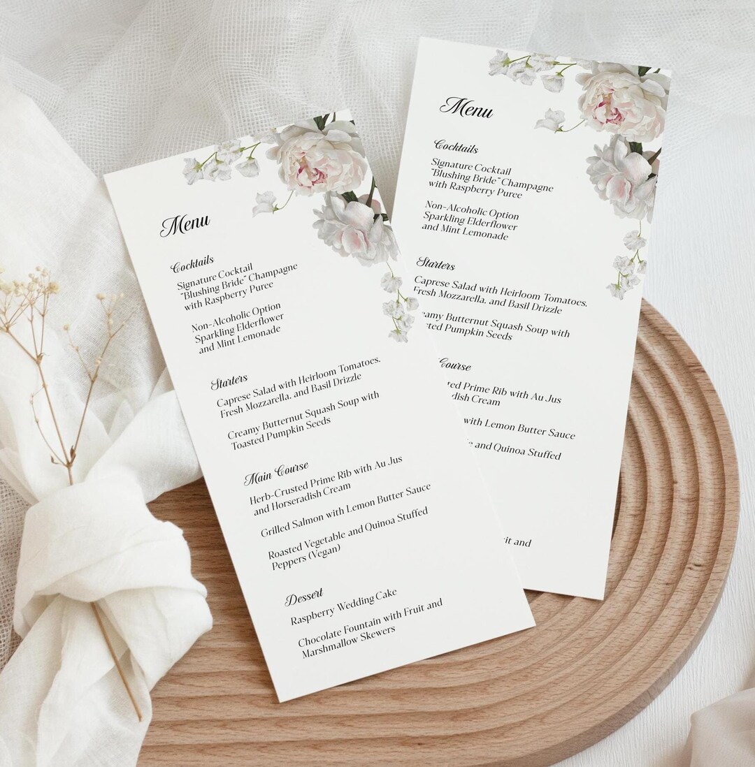 Printable Vintage Wedding Menu Template With White Florals, Elegant ...