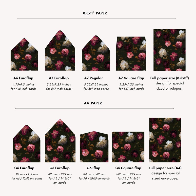 Printable Envelope Liner Template With Dark Roses, Printable Floral ...