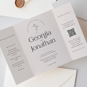 Gatefold Wedding Invitation Template in Taupe, Modern Trifold Invite ...
