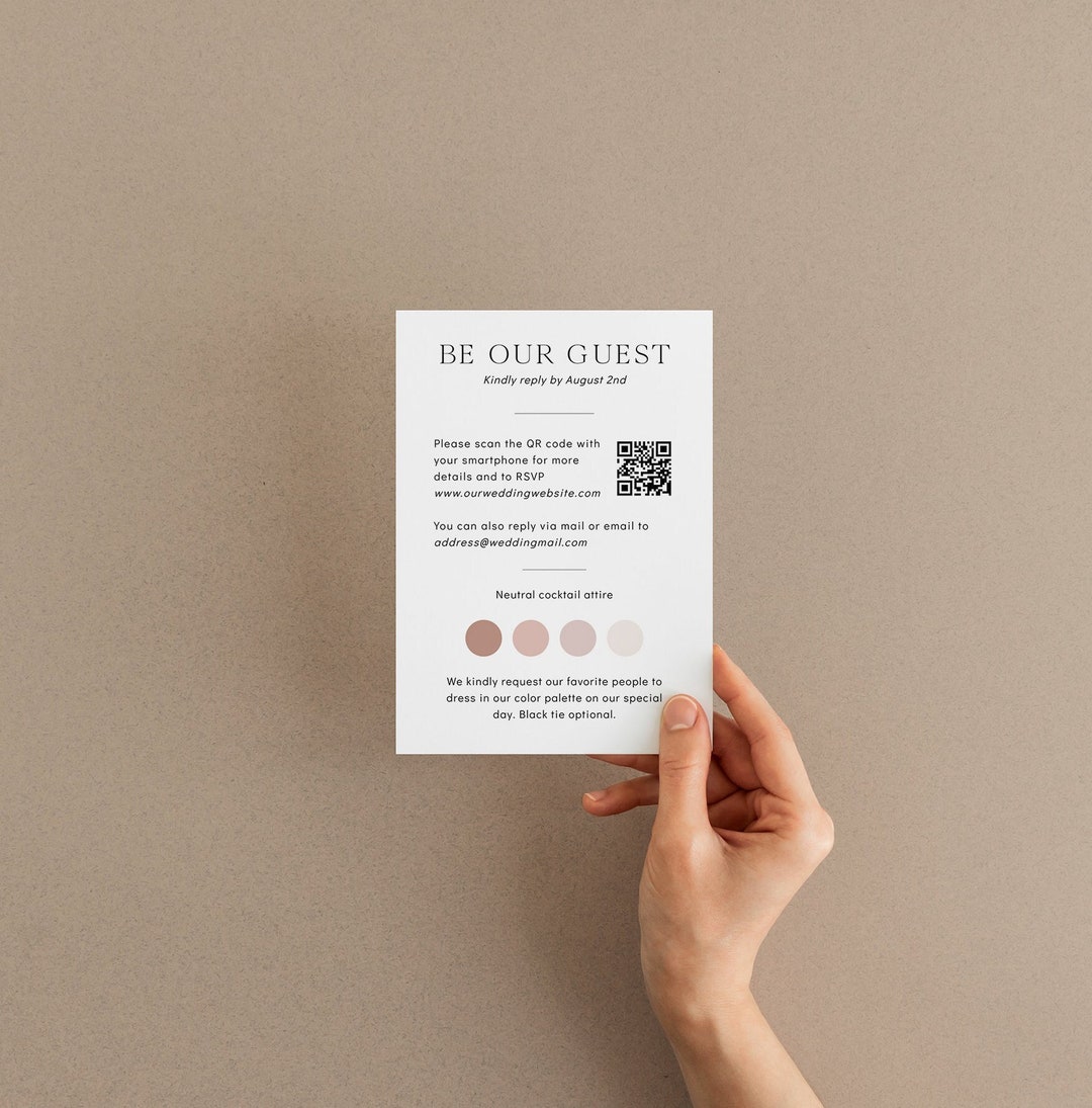 Printable RSVP + Wedding Attire Card Template With QR Code, Guest Dress ...