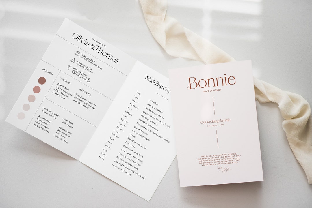 Bridal Party Info Booklet Template for Bridesmaids and Groomsmen in ...