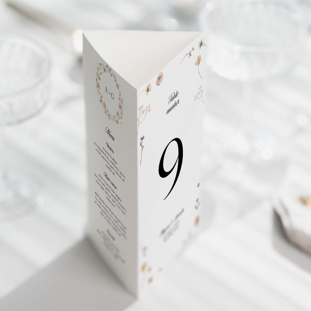 Printable Trifold Table Sign Template With Flowers, Minimalist Folded Wedding Table Number ...