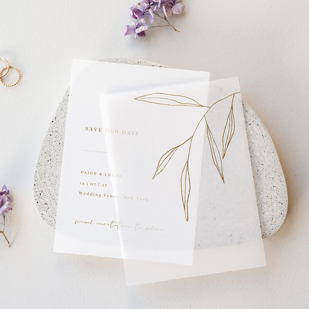 Printable Vellum Save the Date Invitation Template With Gold Tone Leaf ...