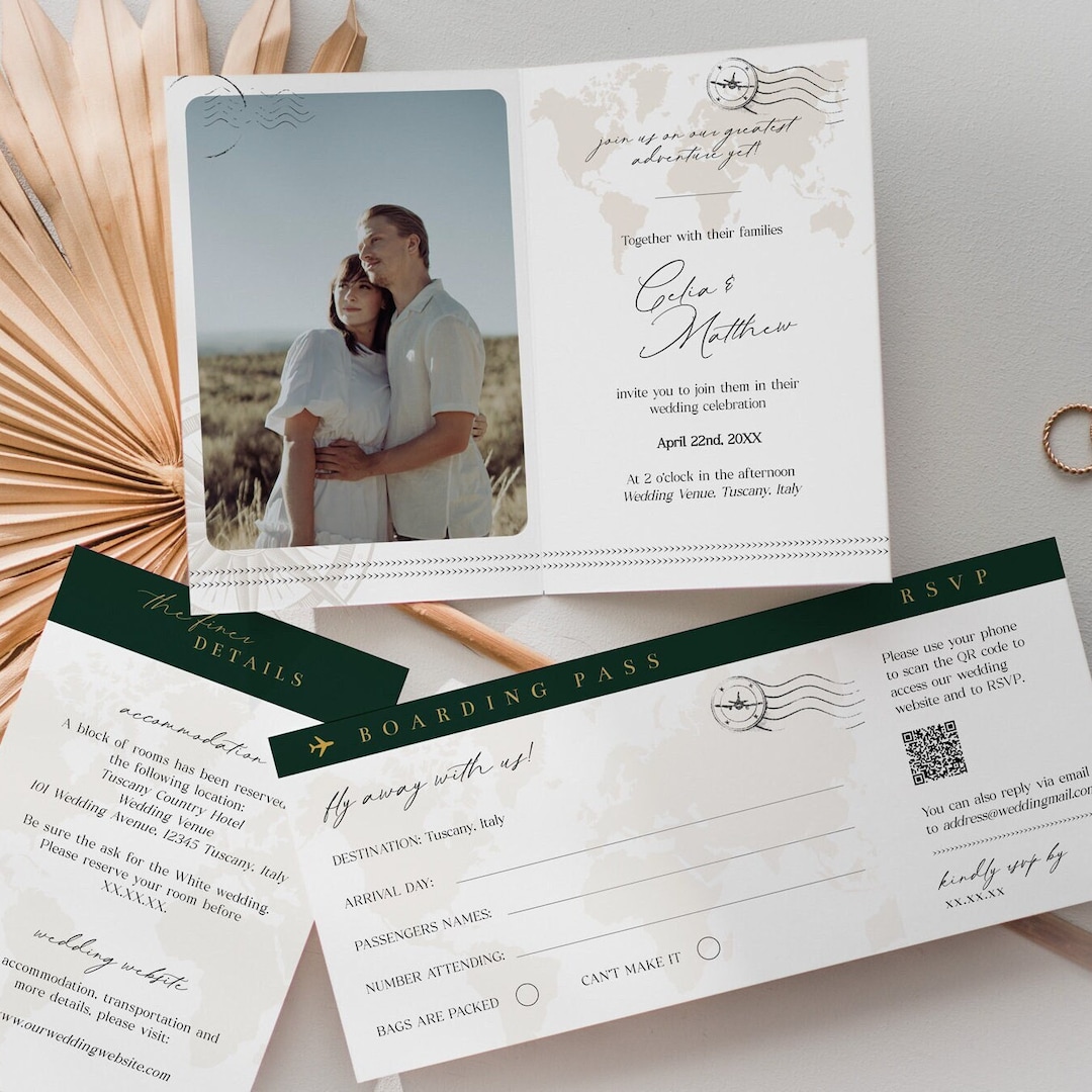 Boarding Pass Wedding Invitation Template Suite With Photo and QR Code ...