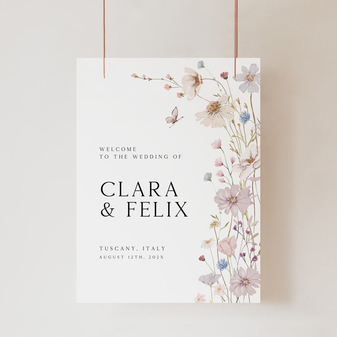 Floral Wedding Welcome Sign Template With Delicate Pink Flowers ...