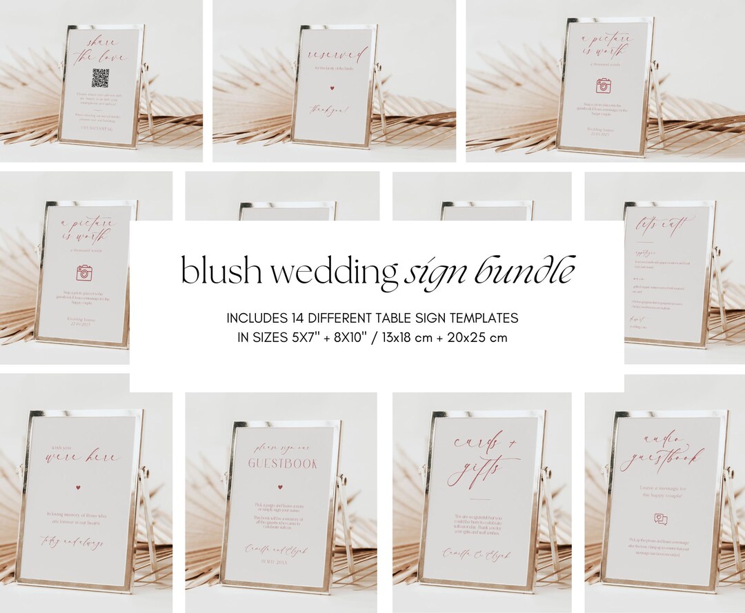 Blush Wedding Sign Bundle, Modern Wedding Signs Template, Calligraphy ...