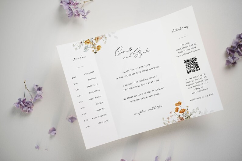 Floral Gatefold Wedding Invitation Template With QR Code - Etsy