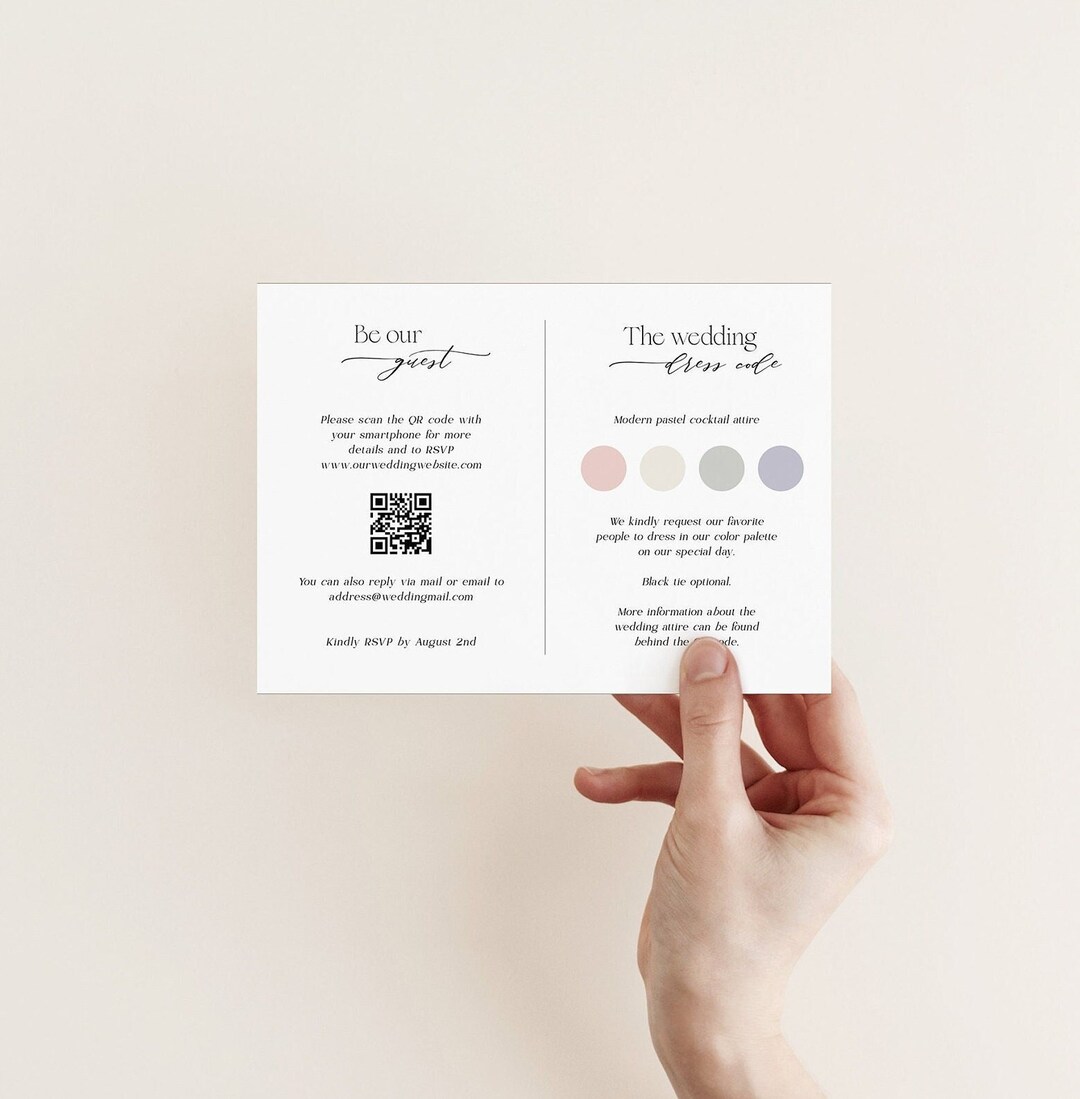 Printable RSVP + Wedding Attire Card Template With QR Code, Guest Dress ...