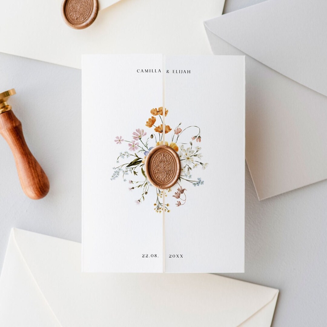 Floral Gatefold Wedding Invitation Template With QR Code, Editable and ...