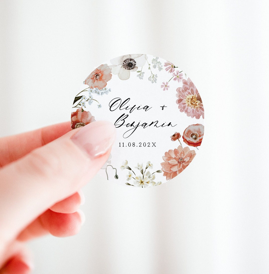 Floral Wedding Stickers Template, Round Editable Wedding Favor Label ...