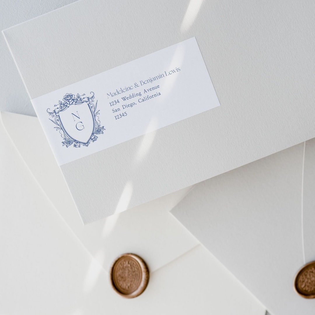 Printable Guest Address Label Template With Blue Crest, Minimalist Wrap ...
