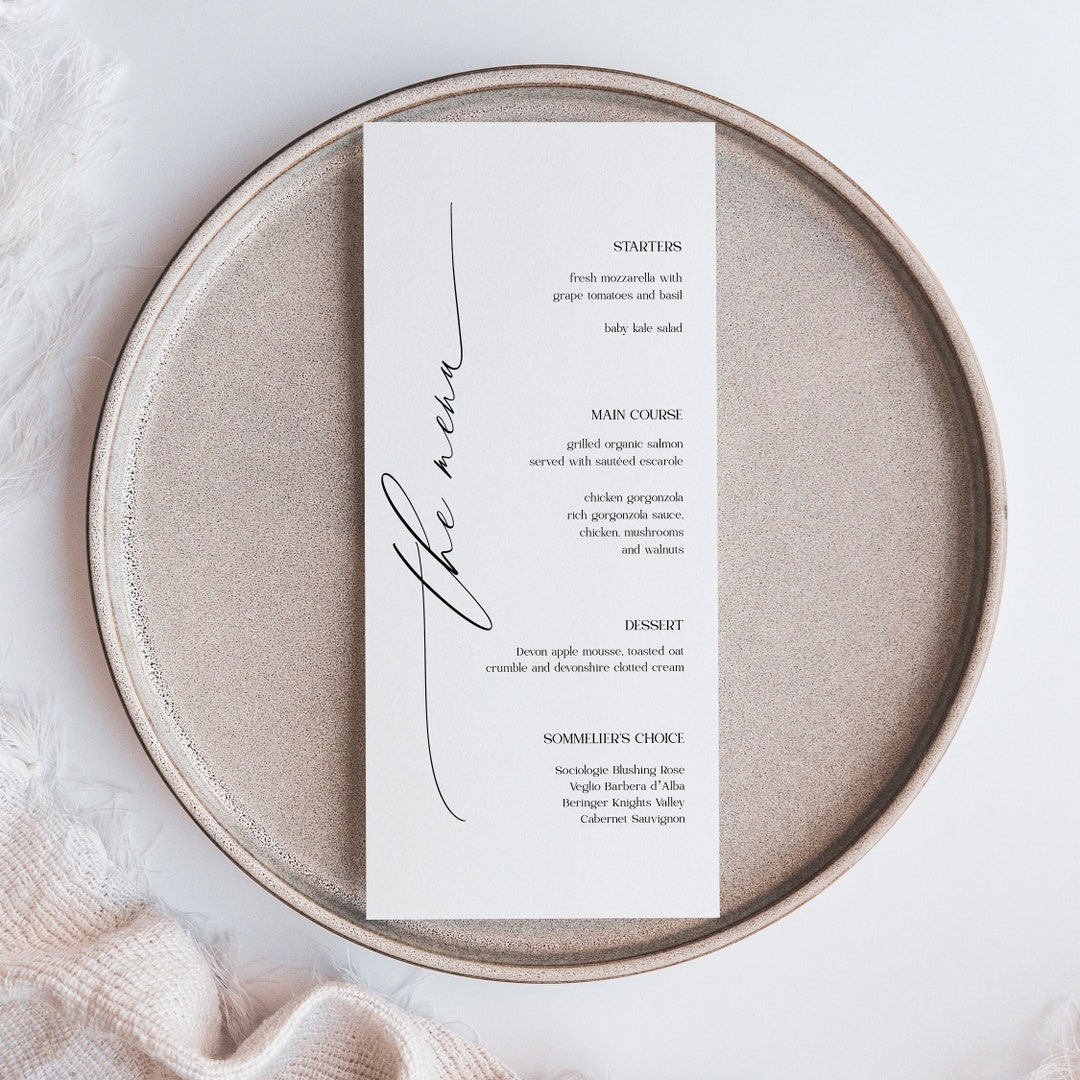 Printable Menu Template With Calligraphy Font, Elegant Minimalist ...