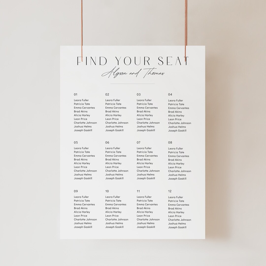 Minimalist Wedding Seating Chart Template, Take a Seat Modern Editable ...